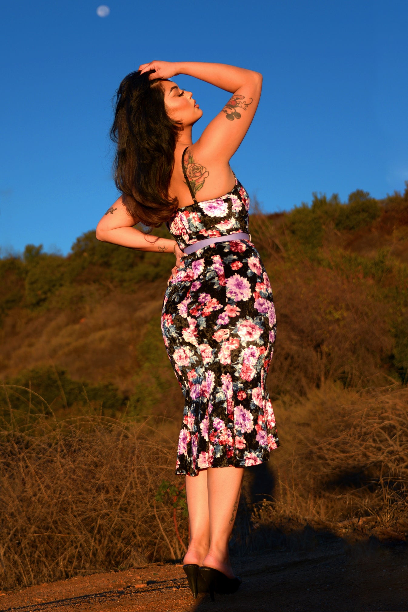 Venus Midi Slip Dress in Black 70s Floral Stretch Velvet | Laura Byrne ...