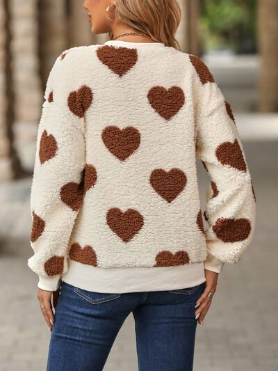 Soft Hearts Dropped Shoulder Heart Print Fuzzy Sweatshirt | 3 Colors ...
